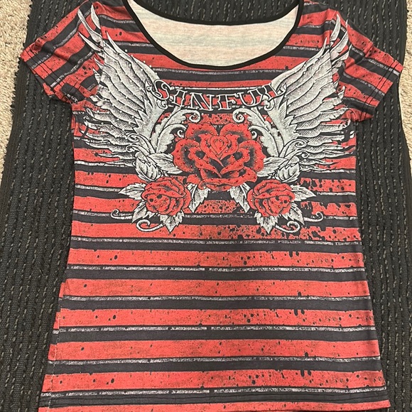 Tops | Sinful Red Gothic Style Top Roses Angel Wings | Poshmark